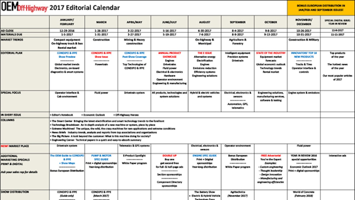 2017 Editorial Calendar | OEM Off-Highway